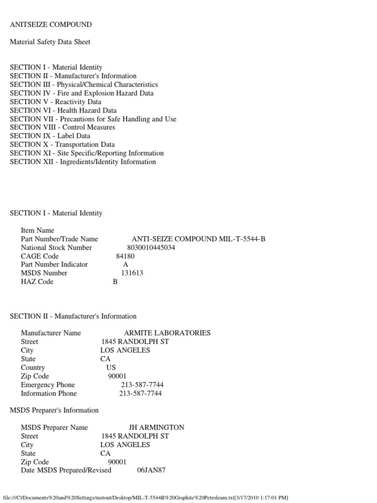 MIL-T-5544B Anti-Seize Compound MSDS | PDF | Chemical Substances ...