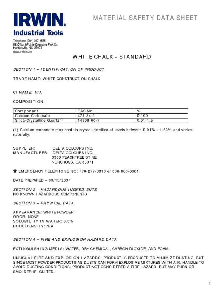 White Chalk-Standard Msds | PDF | Dust | Personal Protective Equipment