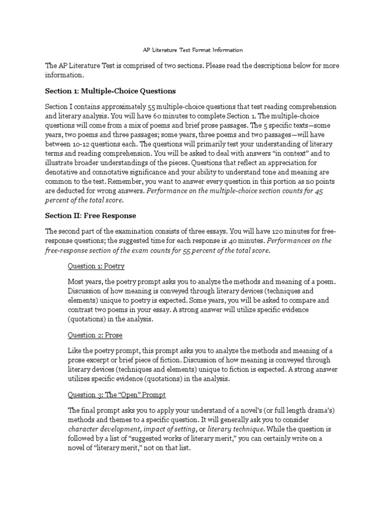 AP Literature Exam Format Overview | PDF | Multiple Choice | Poetry