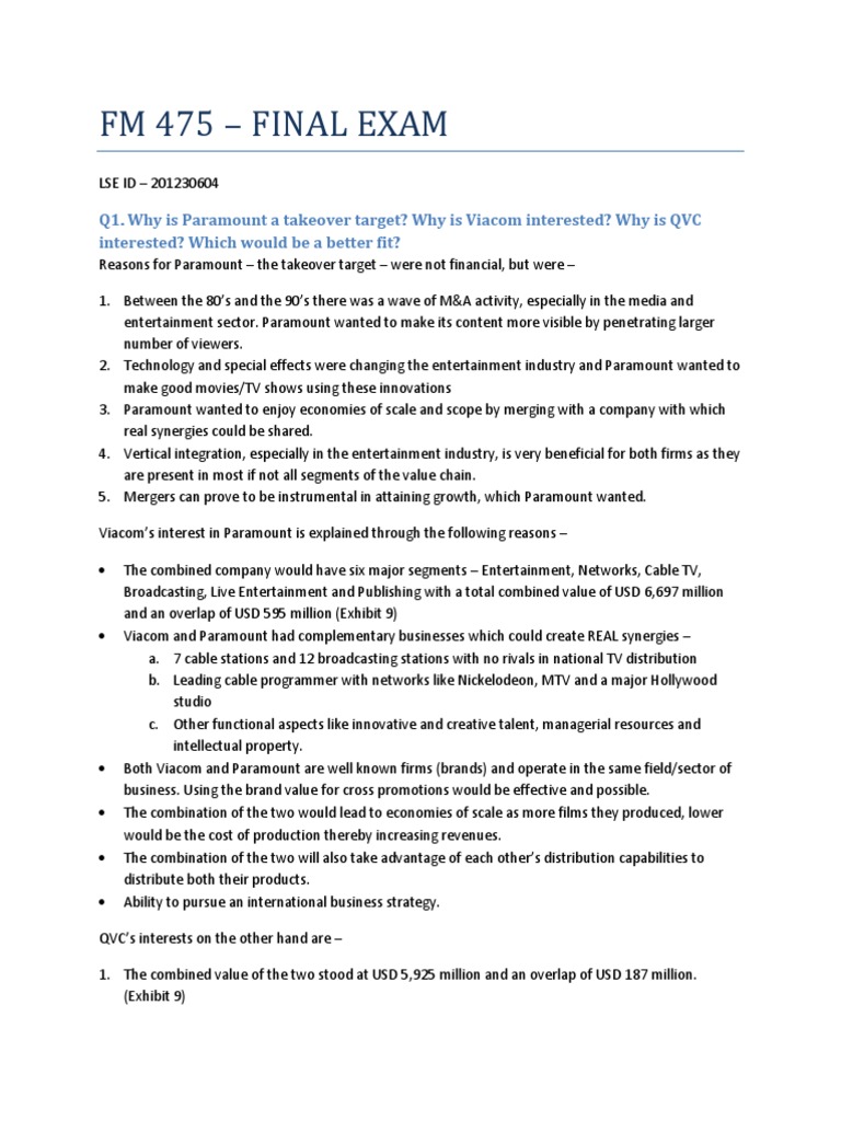 FM 475 Final Exam | PDF | Discounted Cash Flow | Mergers And Acquisitions