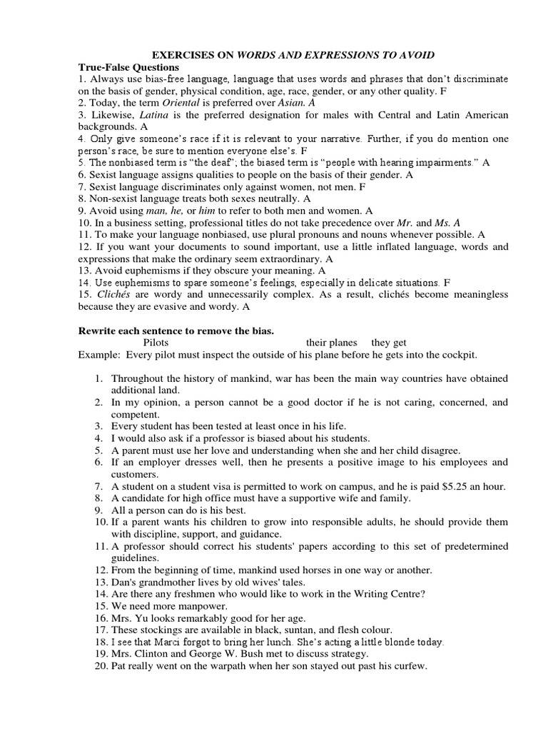 Bias-Free Language Exercises Guide | PDF | Sexism | Grammatical Gender