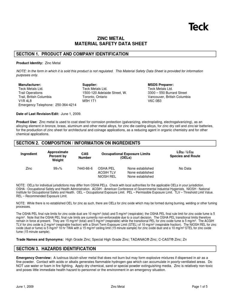Zinc Msds | PDF | Chlorine | Occupational Hygiene