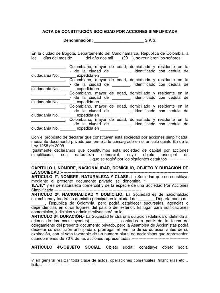 Acta de Constitución Sociedad Por Acciones Simplificada | Liquidación ... Acta de Constitución Sociedad Por Acciones Simplificada | Liquidación ...