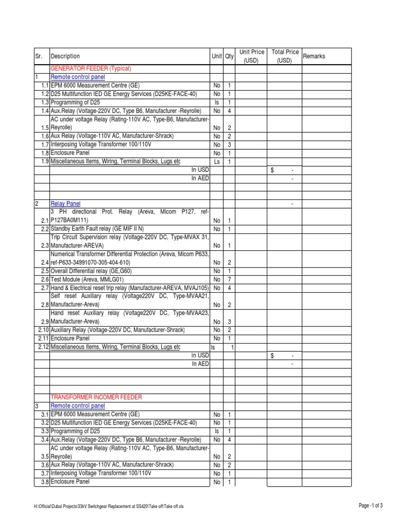 Take Off BOQ | PDF | Relay | Transformer