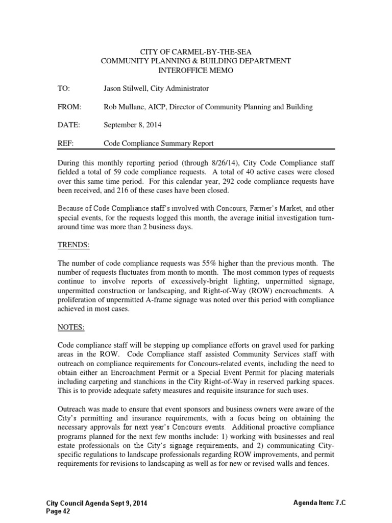 Monthly Code Compliance Reports 09-09-14 | PDF | Regulatory Compliance ...