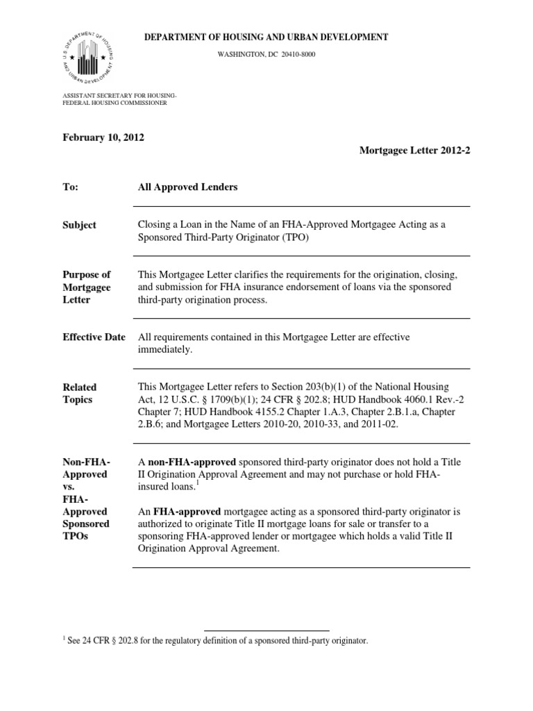 HUD FHA Mortgagee Letter ML 2012-02 | PDF | Federal Housing ...