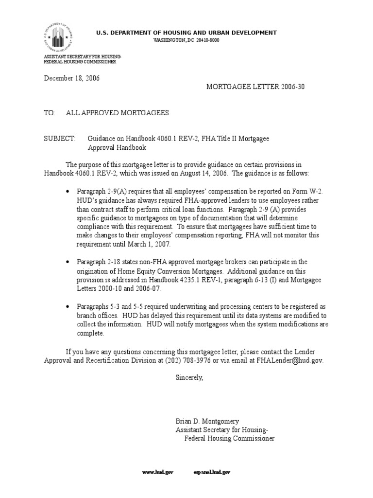 HUD FHA Mortgagee Letter ML 2006-30 | PDF