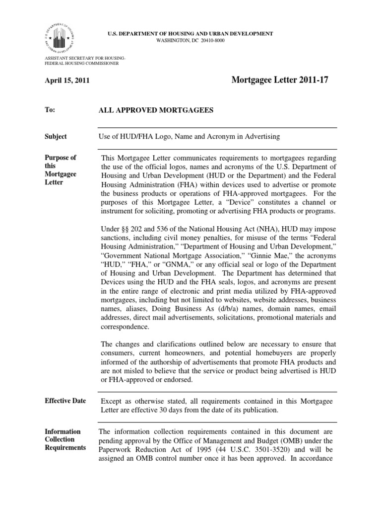 HUD FHA Mortgagee Letter ML 2011-17 | Government National Mortgage ...