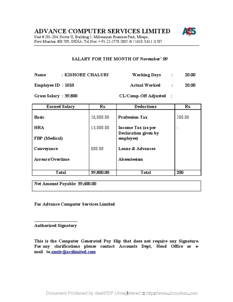 November 2009 Salary Slip for Kishore Chaluri | PDF | Finance & Money ...