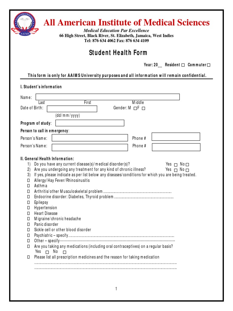Student Health Form - Final | PDF | Chronic Condition | Pharmaceutical Drug