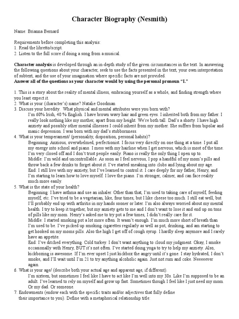 Next To Normal Character Biography | PDF | Wellness | Medical