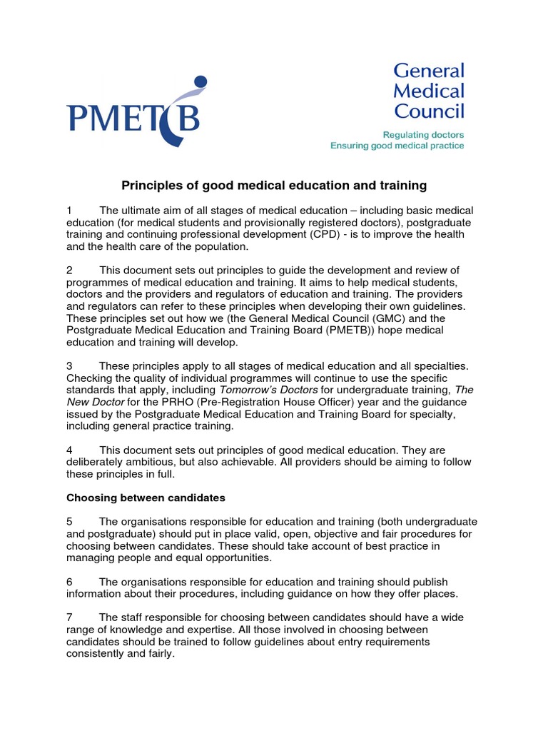 GMC Principles of Good Medical Education and Training | PDF | Medical ...