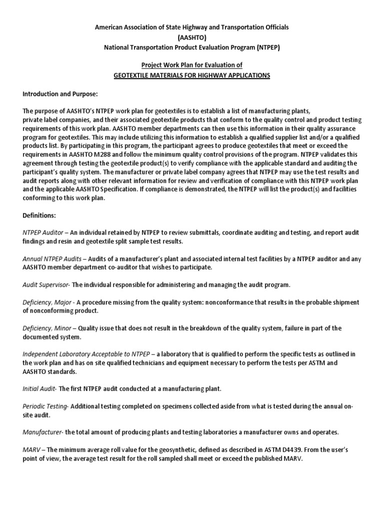 NTPEP Geotextile Audit Work-Plan - tcm29-27577 | PDF | Quality ...
