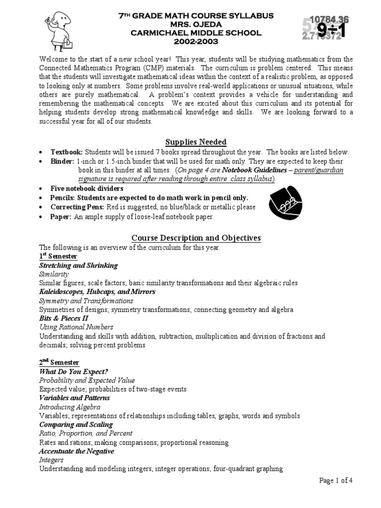 Supplies Needed: 7 Grade Math Course Syllabus Mrs. Ojeda Carmichael ...