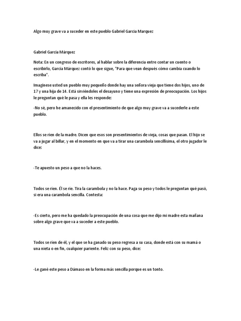Algo Muy Grave Va A Suceder en Este Pueblo Gabriel Garcia Marquez | PDF ...