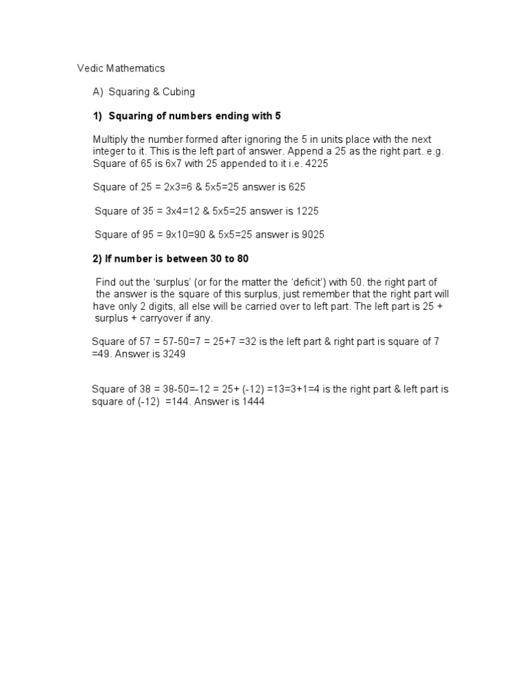 Vedic Mathematics: Squaring Techniques | PDF