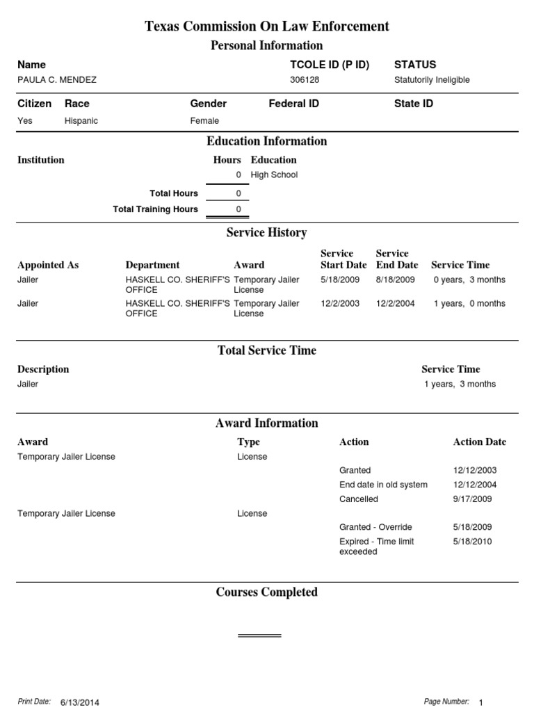Paula C. Mendez TCOLE Profile Summary | PDF | Law