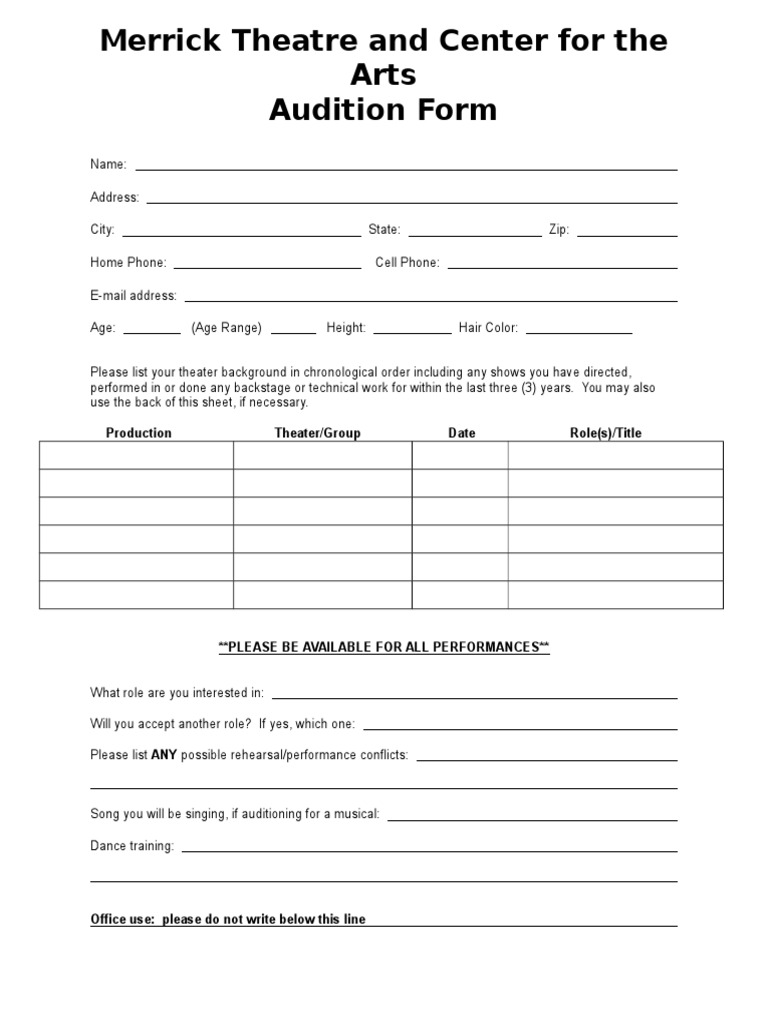 Merrick Theatre and Center For The Arts Audition Form | PDF | Audition ...