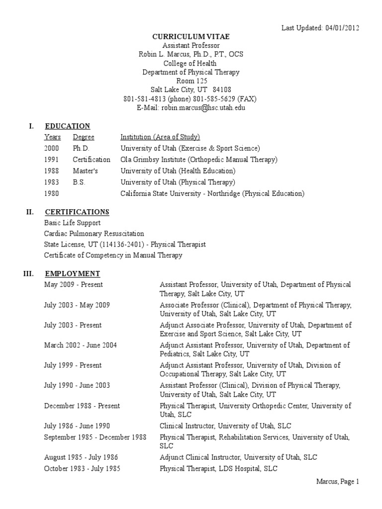 Curriculum Vitae: Marcus, Page | PDF | Clinical Medicine | Medicine