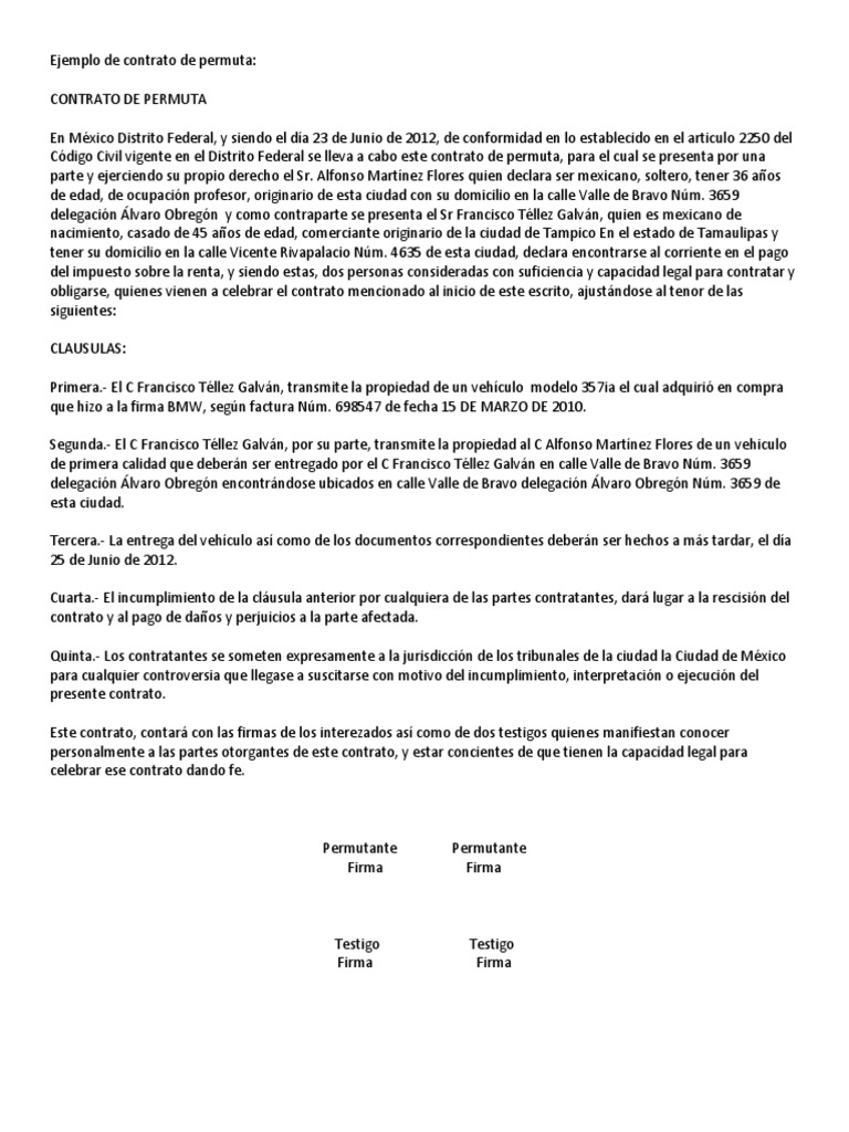 Ejemplo de Contrato de Permuta | Propiedad | Conceptos legales