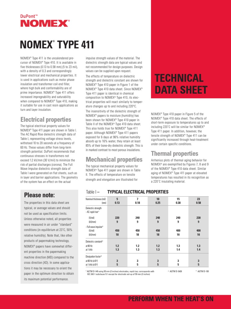 H 93498 3 NOMEX Type 411 Tech Data Sheet | Varnish | Silicone
