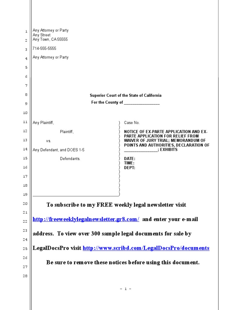Sample Ex-Parte Application For Relief From Waiver of Jury Trial For ...