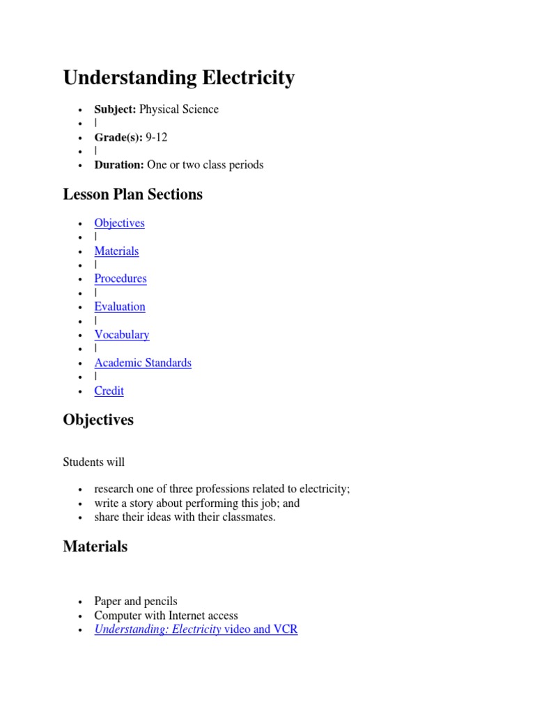 Understanding Electricity: Lesson Plan Sections | PDF | Electric Charge ...