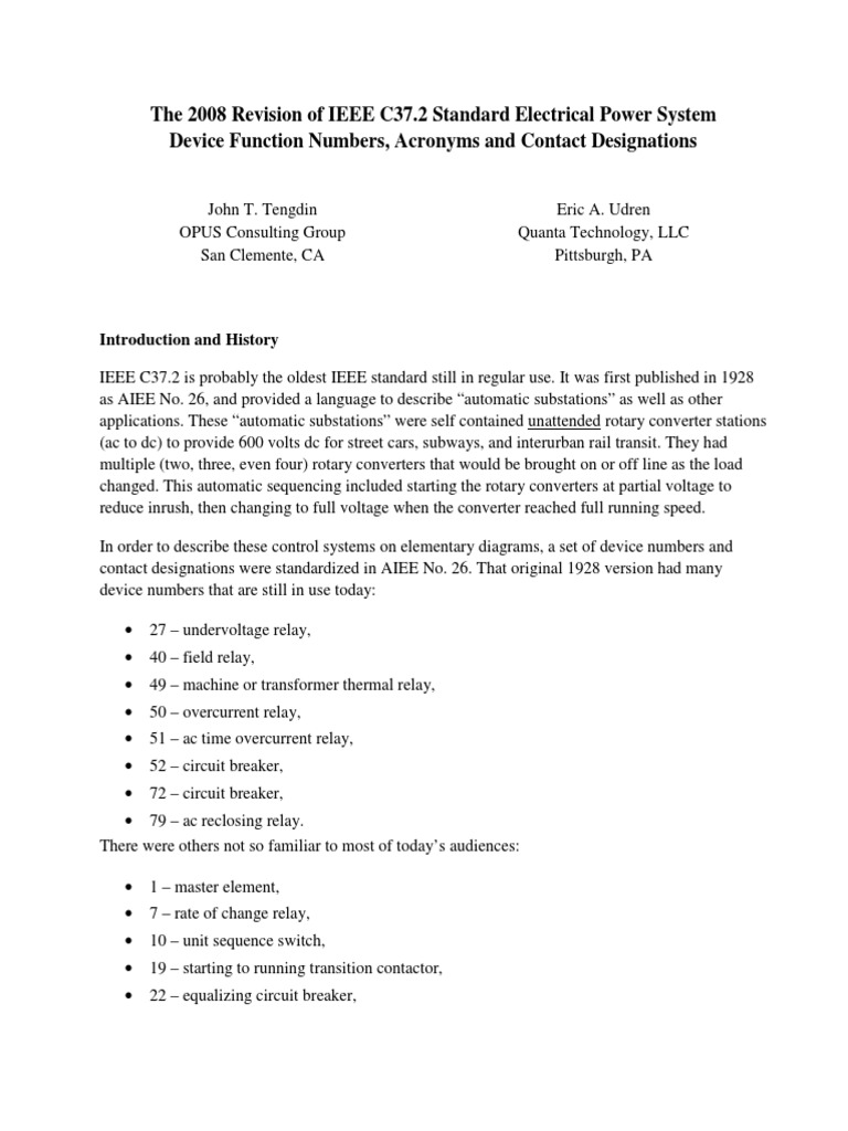 The 2008 Revision of IEEE C37.2 Standard Electrical Power System Device ...