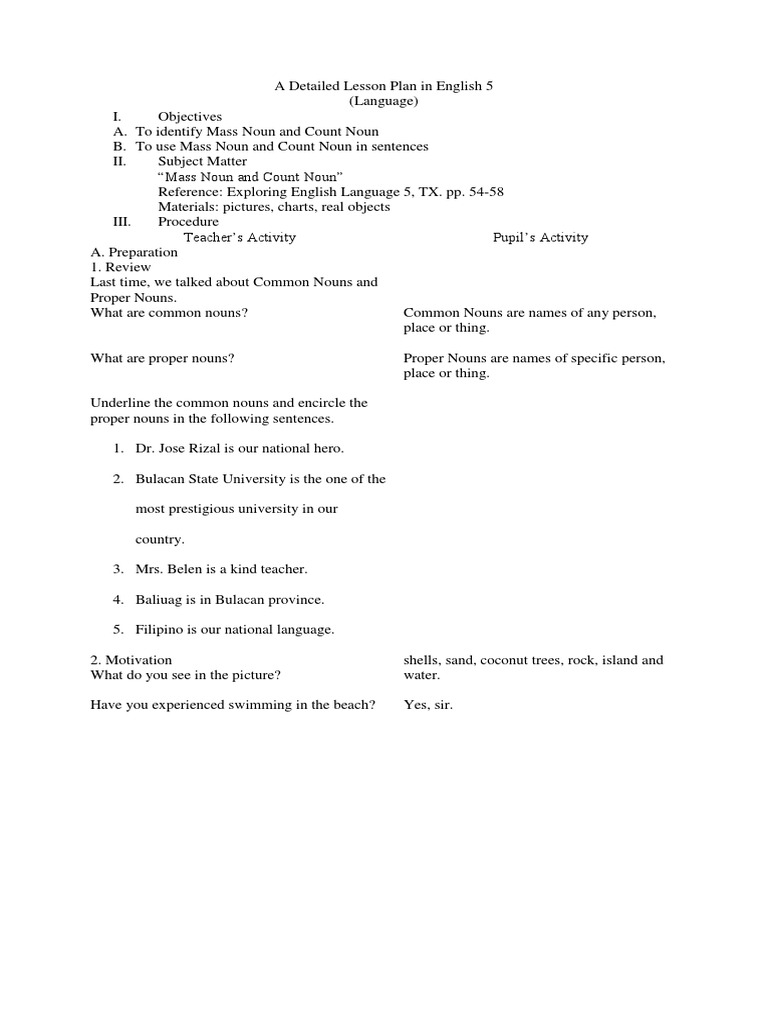 A Detailed Lesson Plan in English 5 | PDF | Noun | Lesson Plan