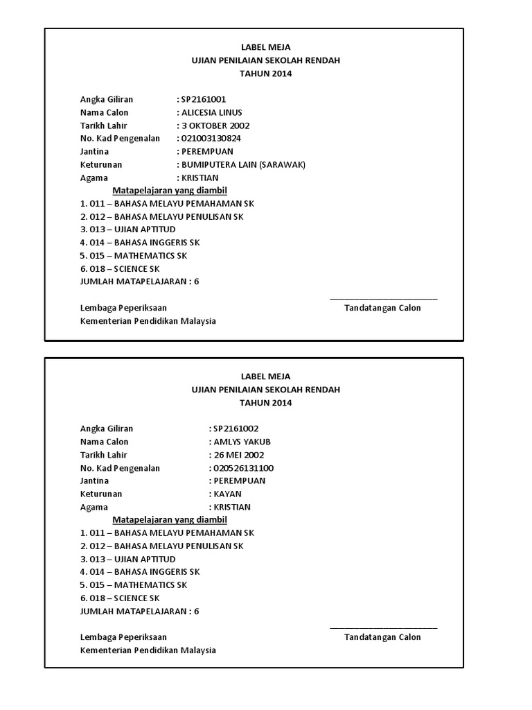 Label Meja UPSR | PDF