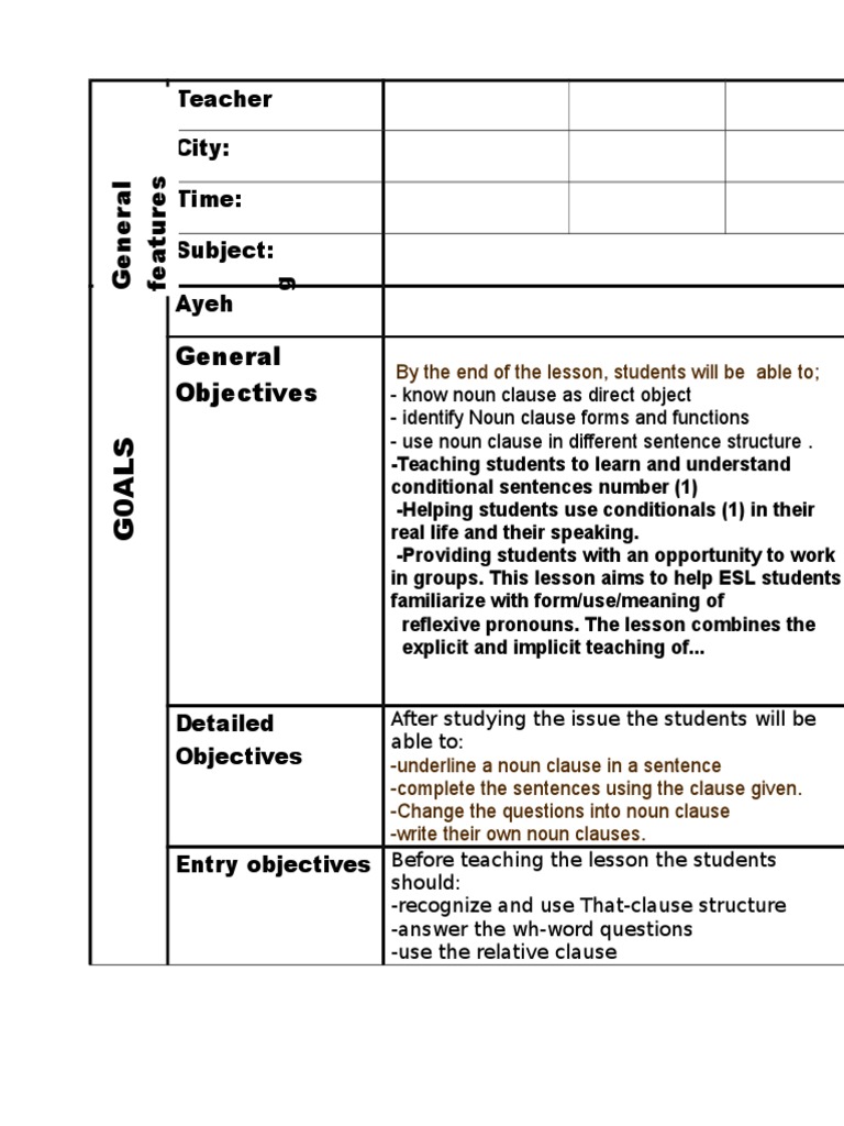 General Objectives: Teacher City: Time: Subject: Ayeh | Download Free ...