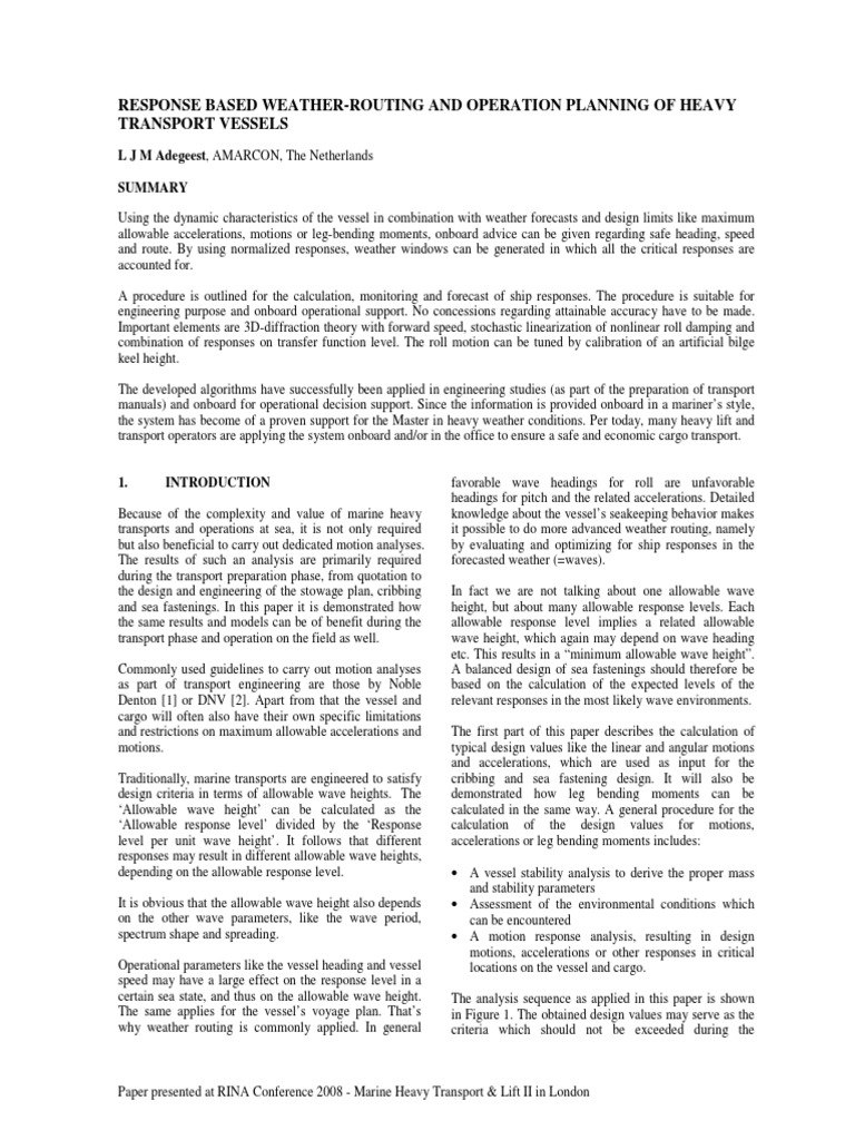 Response Based Weather-Routing and Operation Planning of Heavy ...