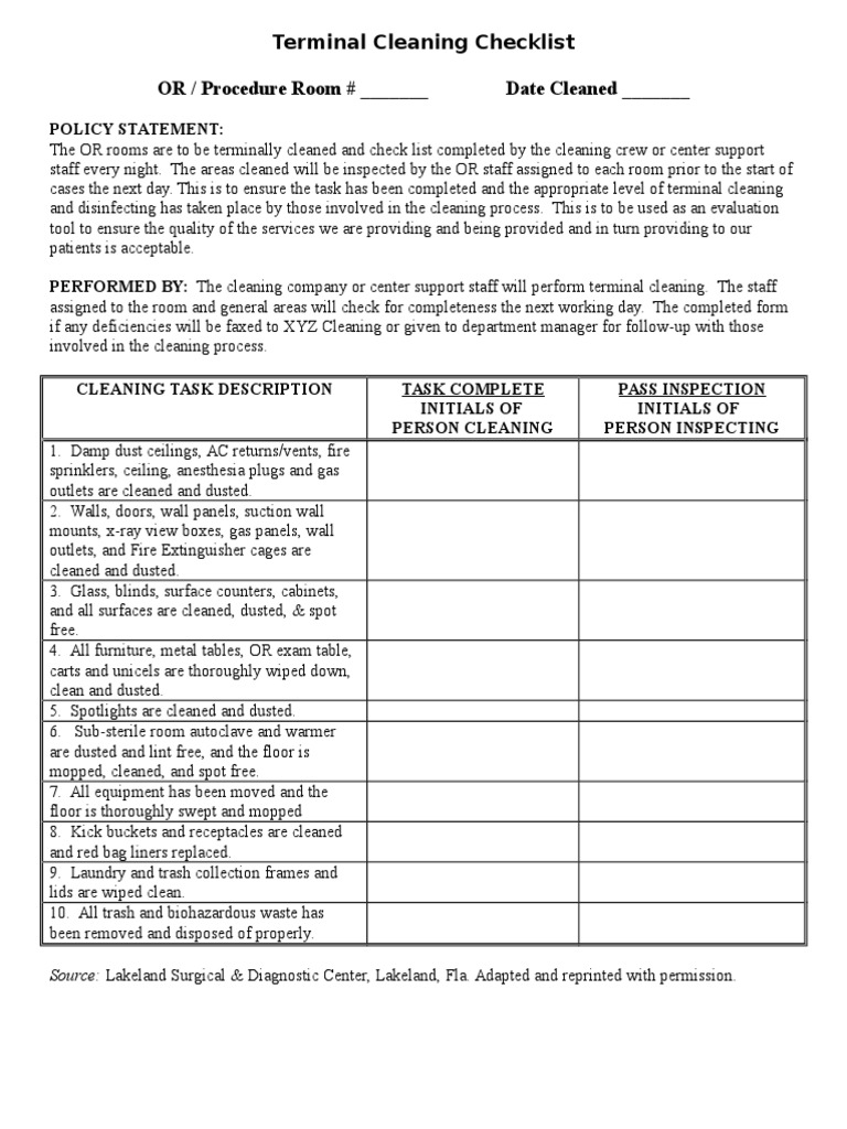 Operating Room Cleaning Checklist | PDF