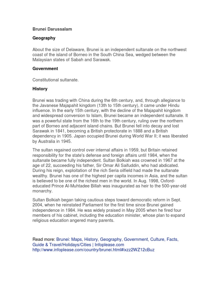 Brunei Darussalam Geography, Government, History and Overview | PDF ...