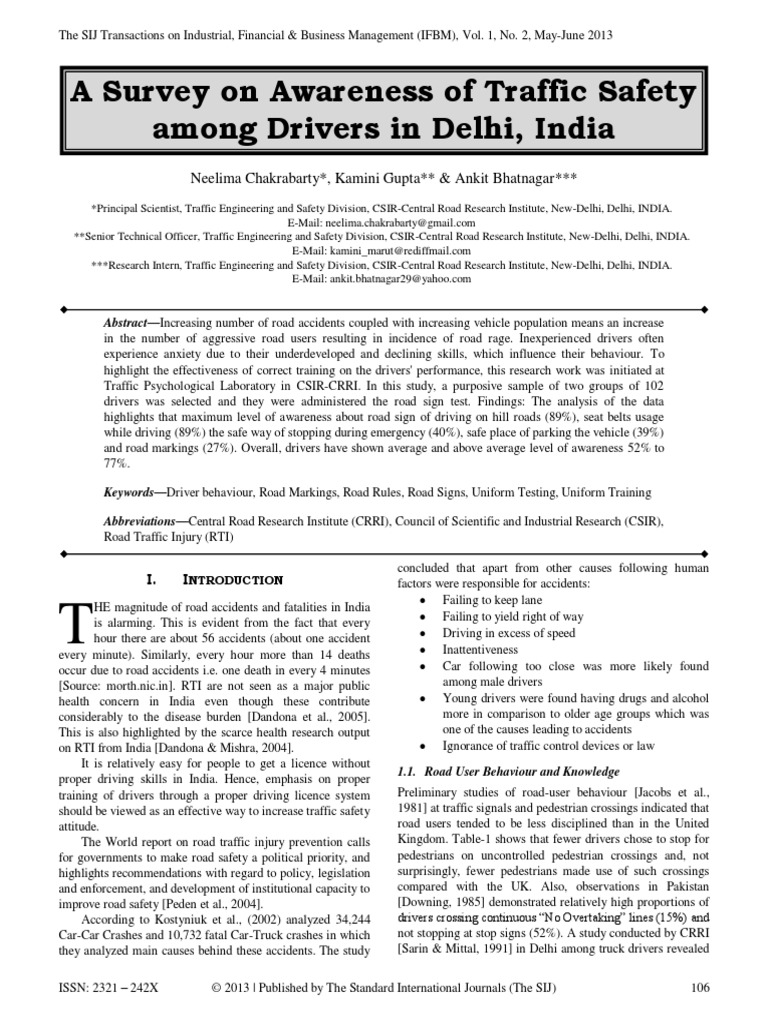 A Survey On Awareness of Traffic Safety Among Drivers in Delhi, India ...