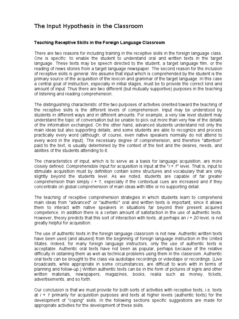 TeacherTalk-The Input Hypothesis in The Classroom | PDF | Reading ...