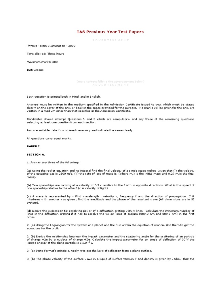 IAS Physics Test Papers 2002 | PDF | Waves | Diffraction