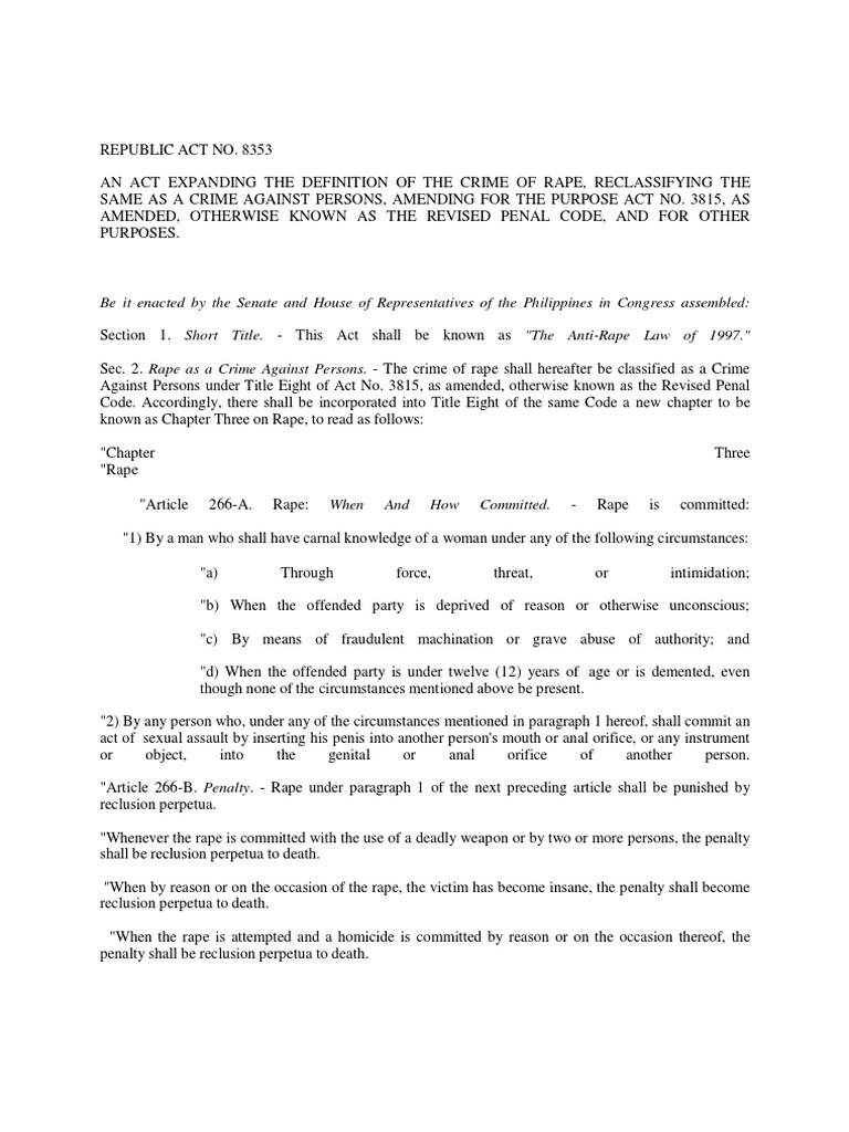 Ra 8353 Rape | Rape | Victimology