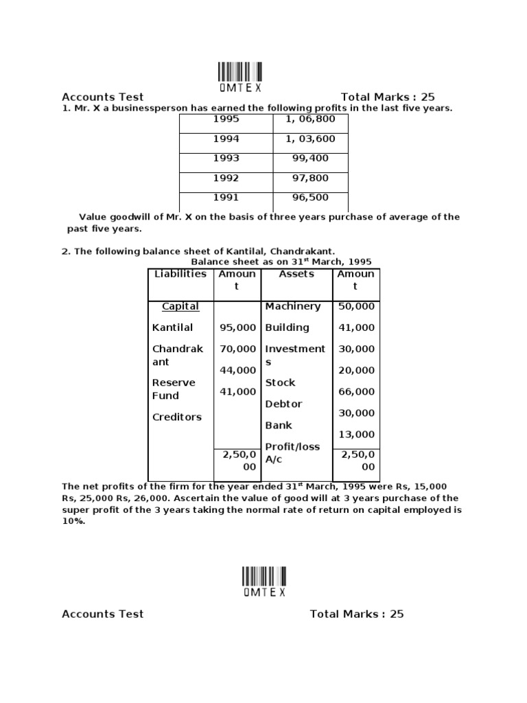 Accounts Test No. 1 | PDF | Goodwill (Accounting) | Balance Sheet