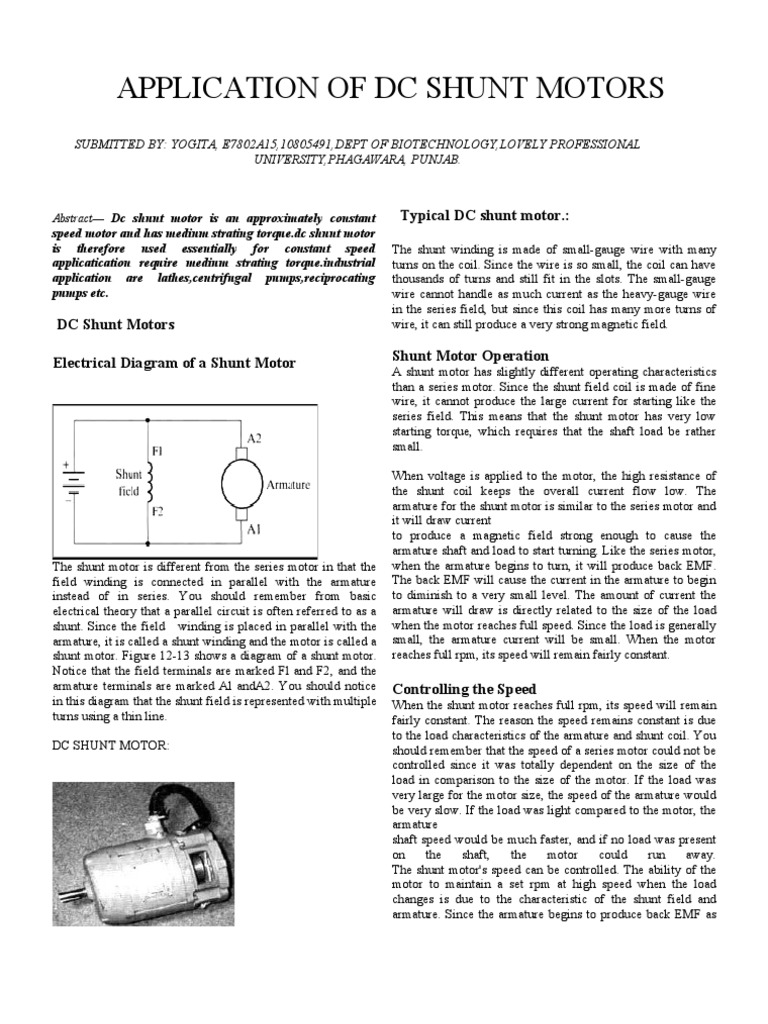 Application of DC Shunt Motors | PDF | Electric Motor | Electrical ...
