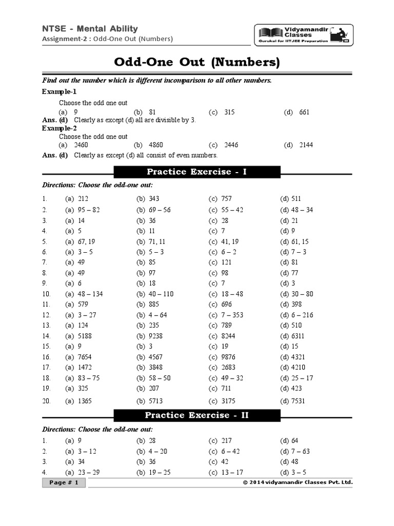 Mental Ability - NTSE-2 Odd-One Out (Numbers) | PDF | Numbers | Arithmetic