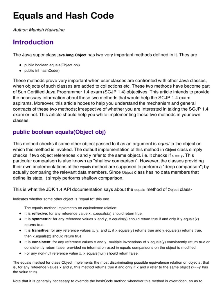 Equals and Hash Code: Public Boolean Equals (Object Obj) | PDF | Method ... Equals and Hash Code: Public Boolean Equals (Object Obj) | PDF | Method ...