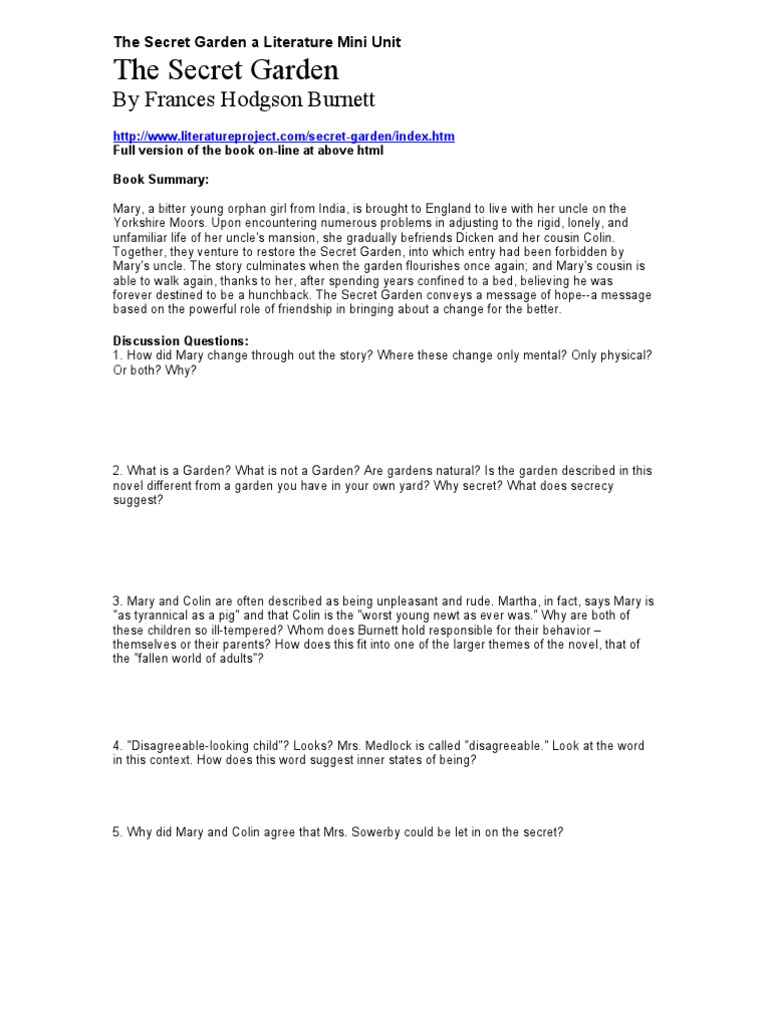 The Secret Garden A Literature Mini Unit | PDF | The Secret Garden