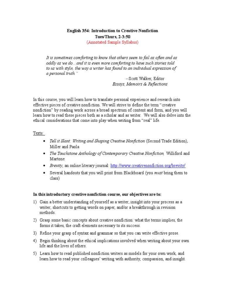 Annotated Syllabus for Introduction to Creative Nonfiction | Creative ...