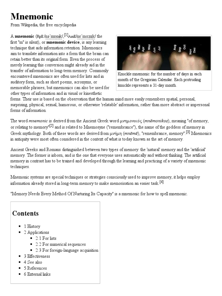 Mnemonic - Wikipedia, The Free Encyclopedia | PDF | Mnemonic | Mental ...