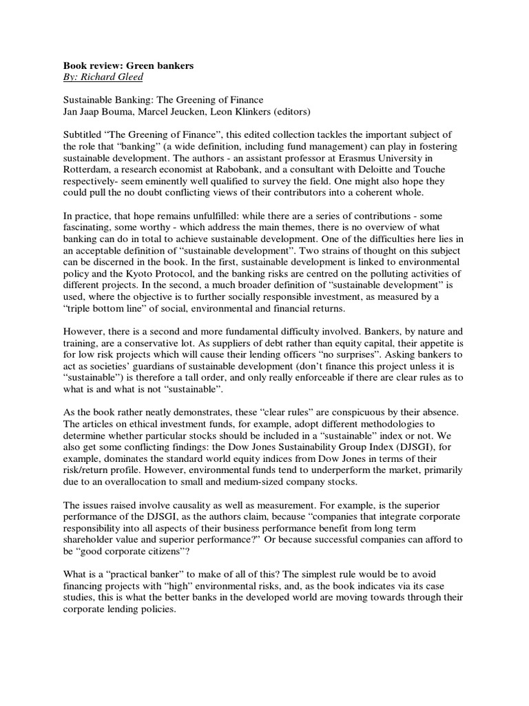 By: Richard Gleed: Book Review: Green Bankers | PDF | Stock Market ...
