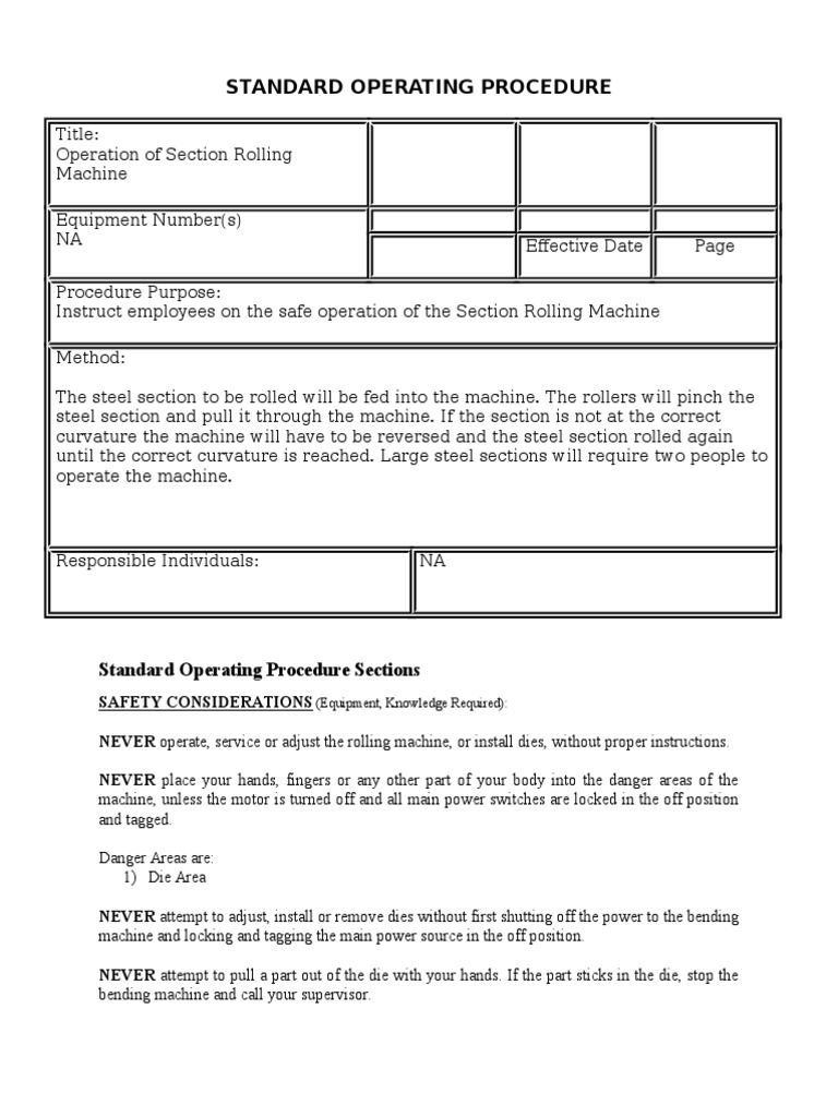 SOP Section Rolling Machine #1001123456789 | PDF