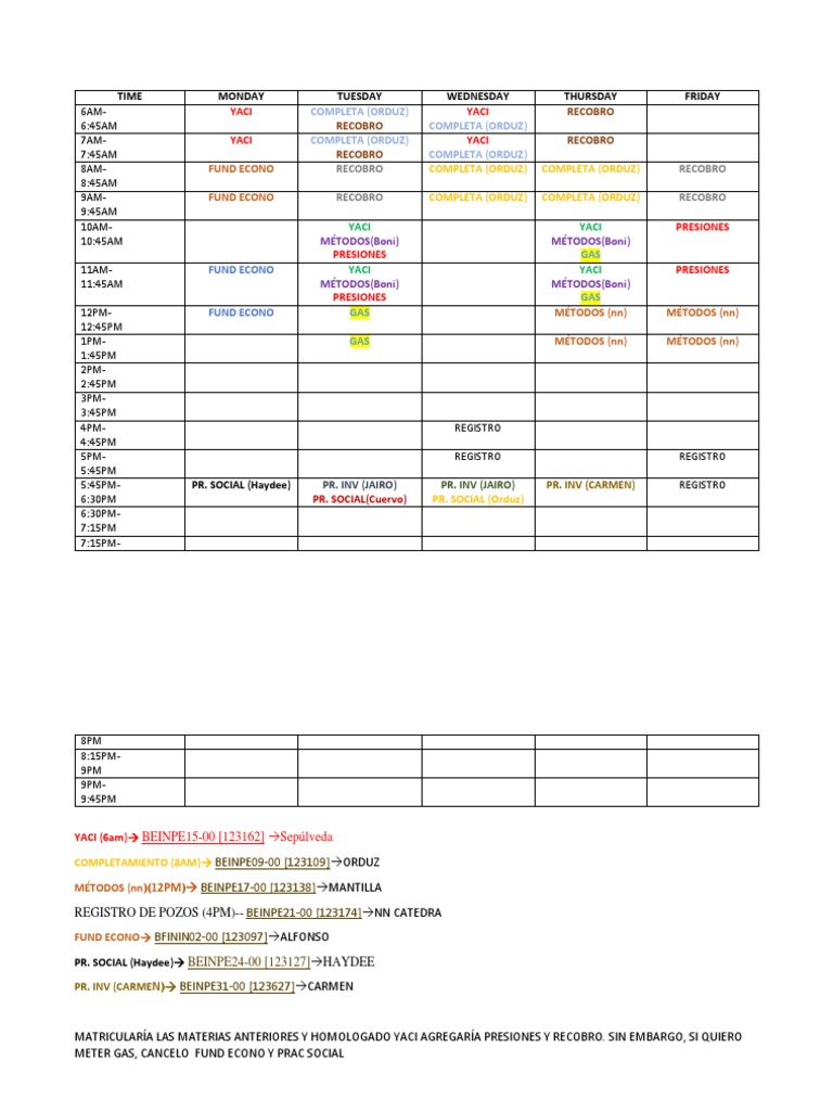 Time Monday Tuesday Wednesday Thursday Friday: Yaci Yaci Yaci Yaci | PDF
