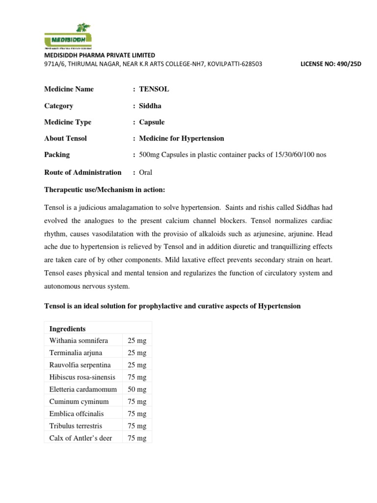 Tensol Capsule | PDF | Hypertension | Pharmacology