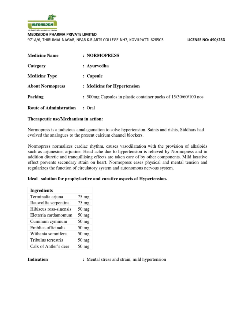 Normopress Capsule | PDF | Hypertension | Physician